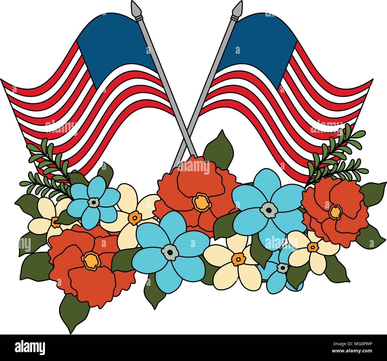 floral decoration with usa flags frame vector illustration design Stock ...