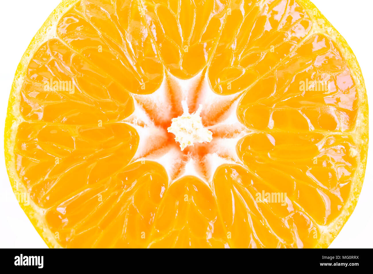 Close up macro slice of fresh orange isolated on white background in ...