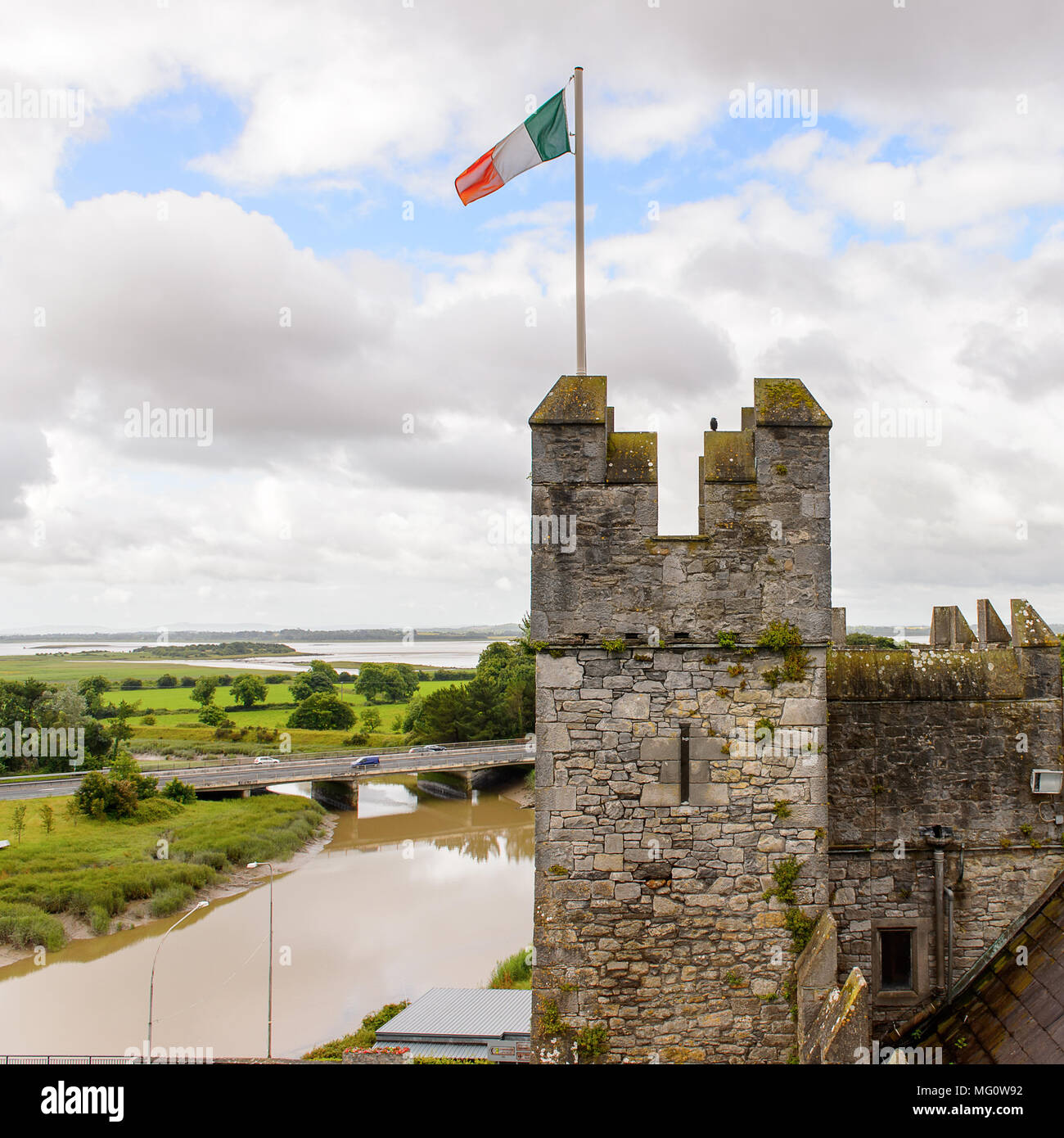 Irish flag on the top of Bunratty Castle (Castle at the Mouth of the ...