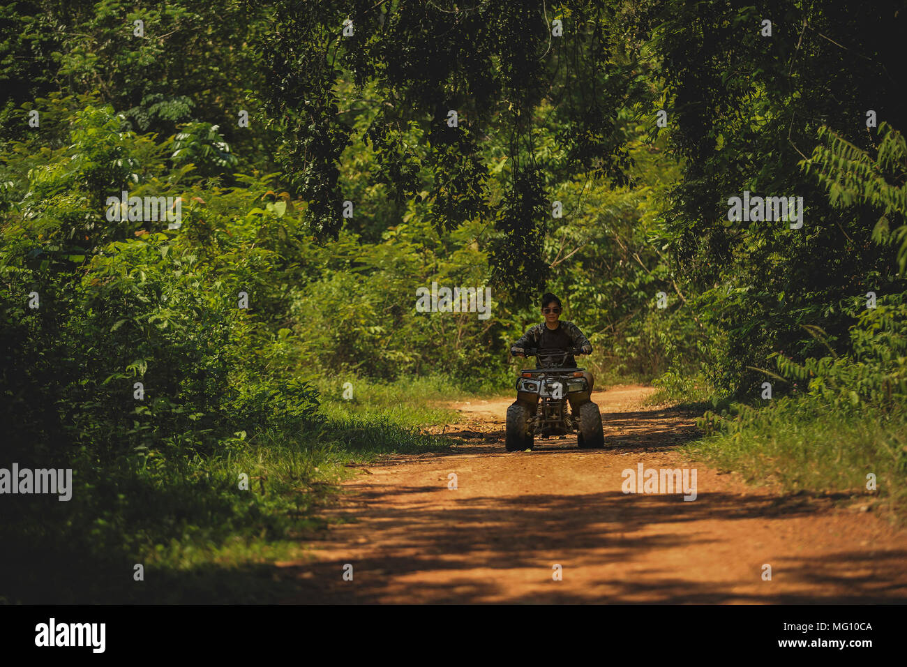 woman riding quad atv running on wilderness field Stock Photo - Alamy