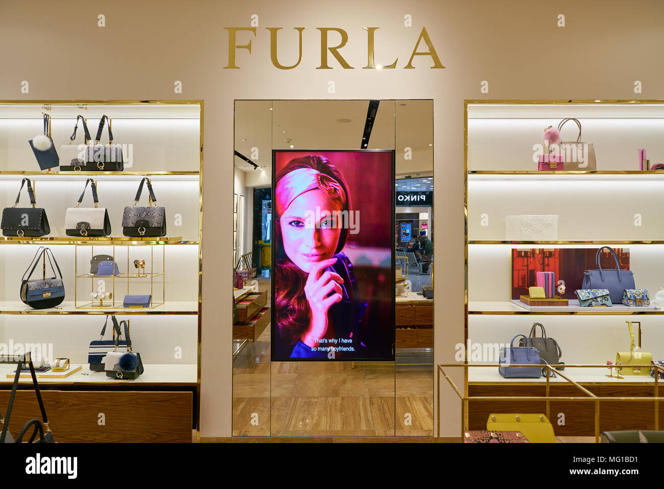 MILAN MALPENSA, ITALY - CIRCA NOVEMBER, 2017: goods on display at Furla ...