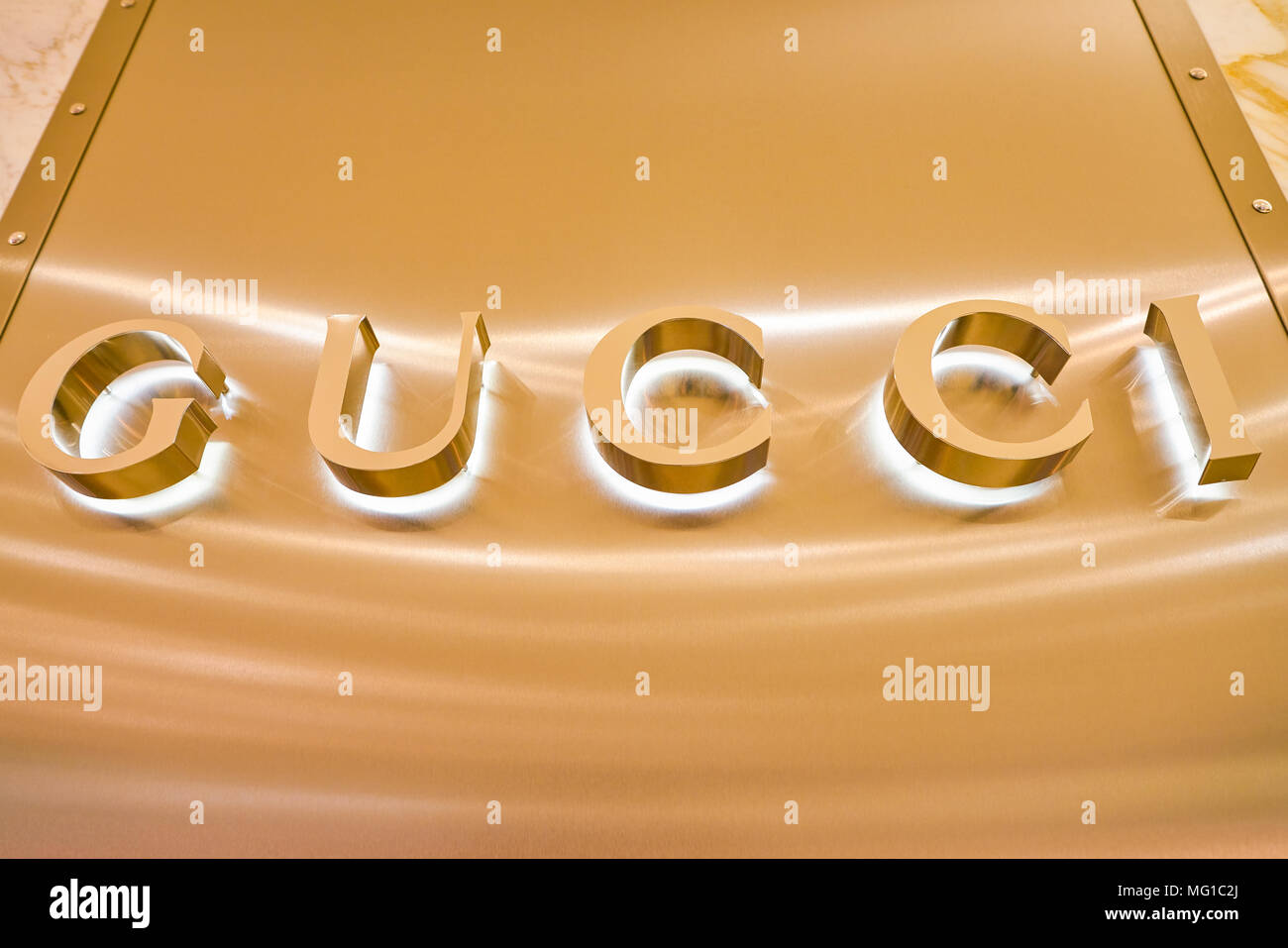 MILAN, ITALY - CIRCA NOVEMBER, 2017: close up shot of Gucci sign at ...