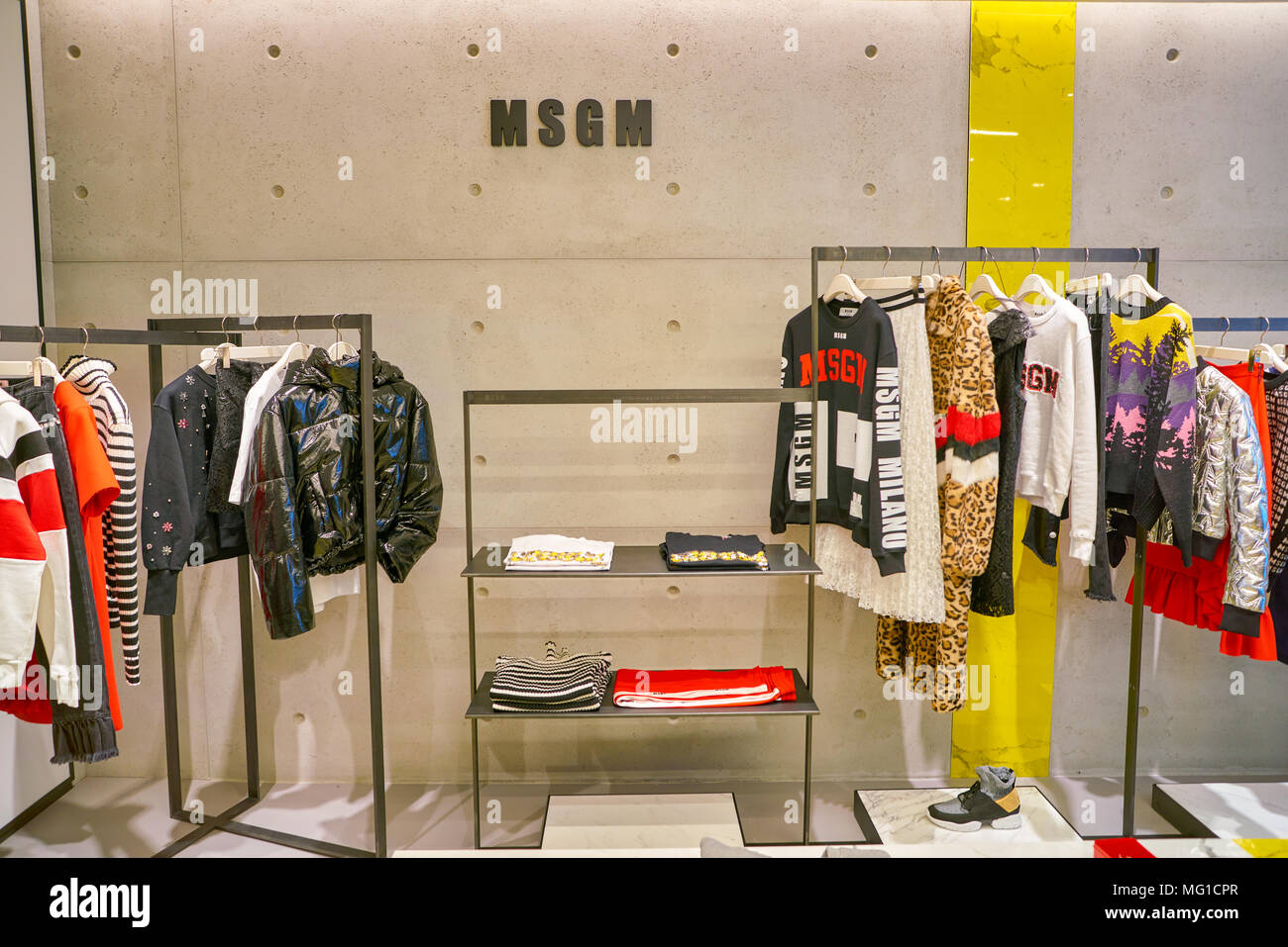 MILAN, ITALY - CIRCA NOVEMBER, 2017: various of MSGM clothes on display ...