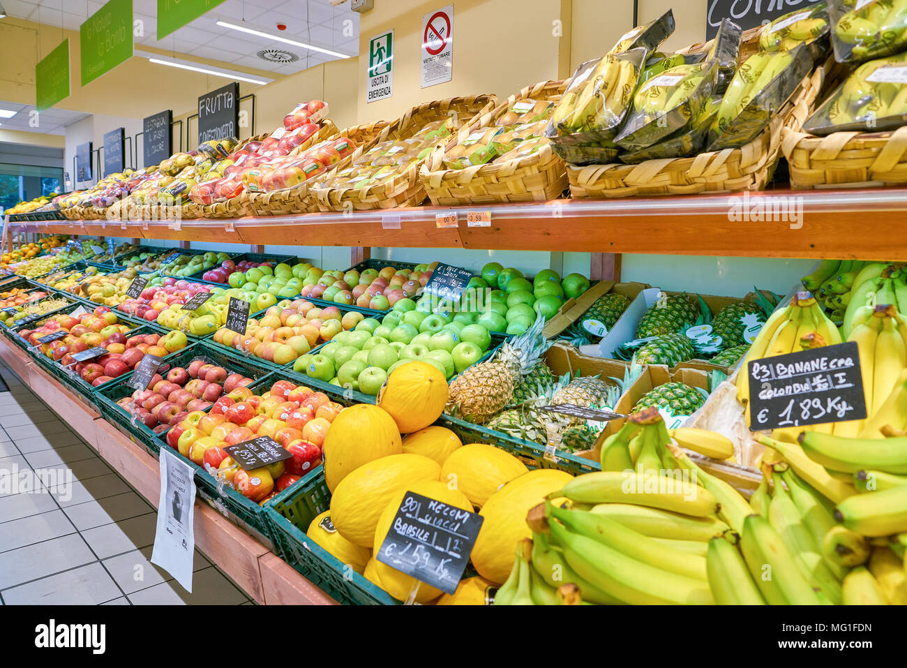 ROME, ITALY - CIRCA NOVEMBER 2017: fruits on display in Conad ...