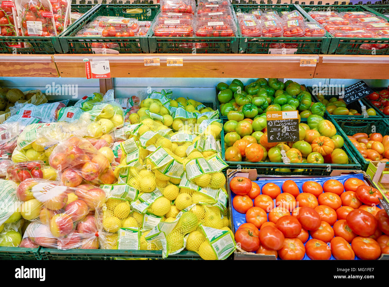 ROME, ITALY - CIRCA NOVEMBER 2017: food on display in Conad supermarket ...