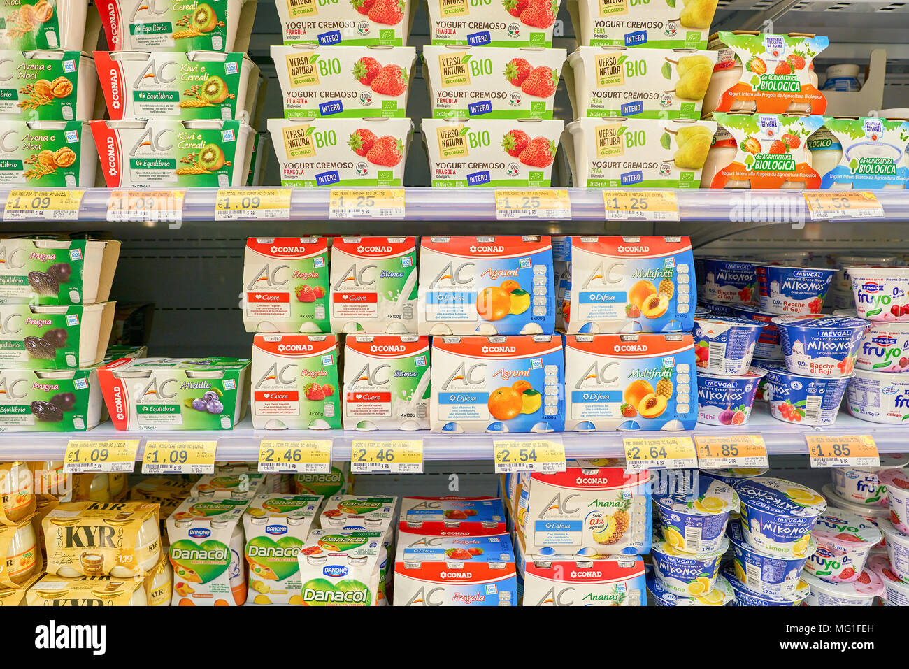 ROME, ITALY - CIRCA NOVEMBER 2017: shelves in Conad supermarket in Rome ...