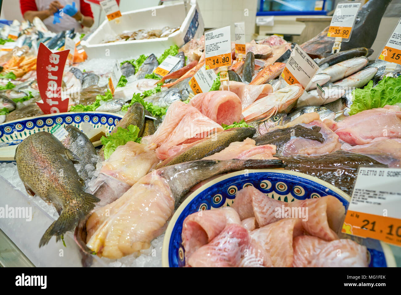 ROME, ITALY - CIRCA NOVEMBER 2017: fresh fish on display in Conad ...