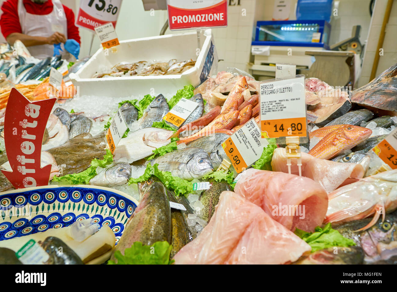 ROME, ITALY - CIRCA NOVEMBER 2017: fresh fish on display in Conad ...