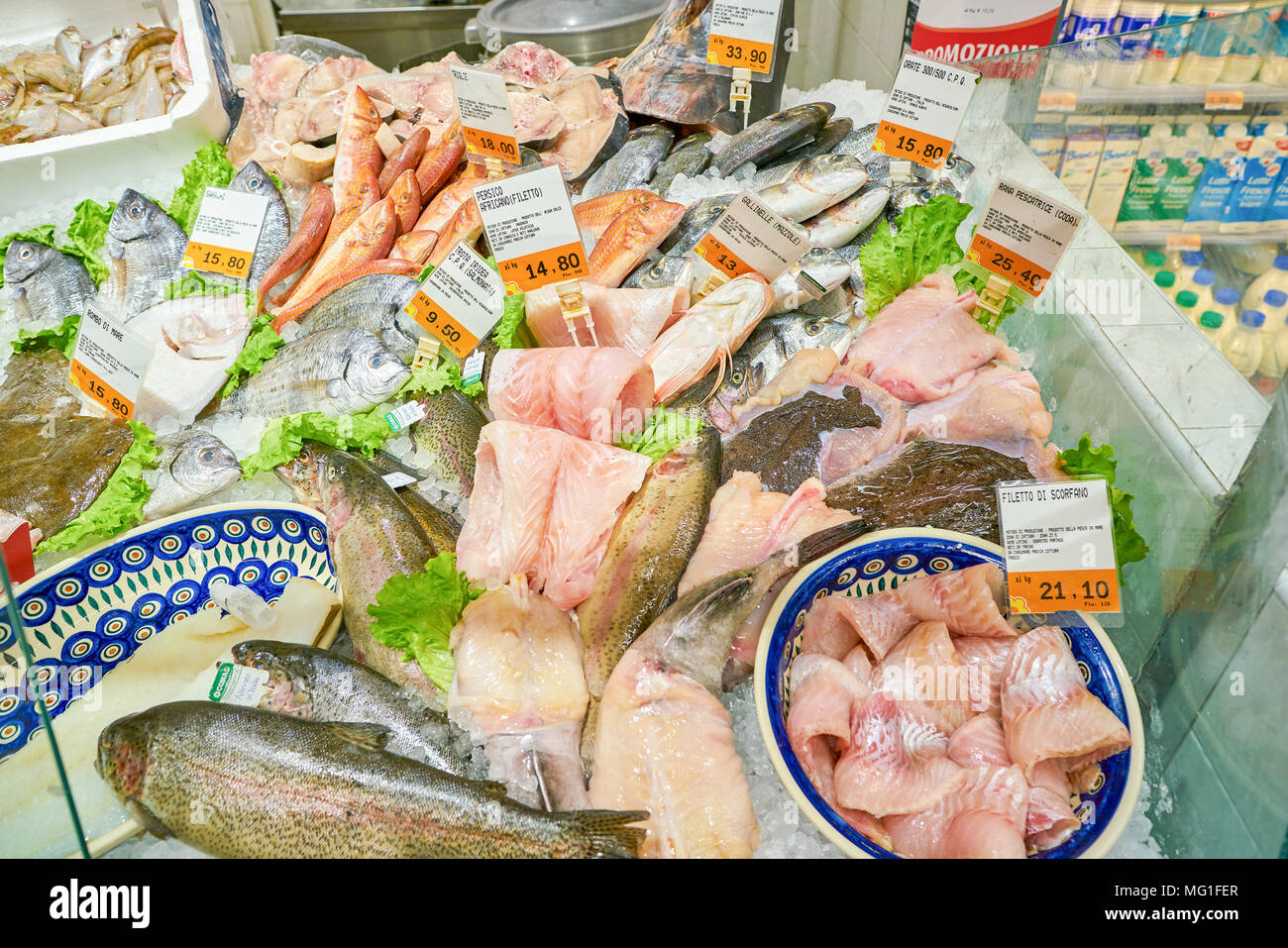 ROME, ITALY - CIRCA NOVEMBER 2017: fresh fish on display in Conad ...