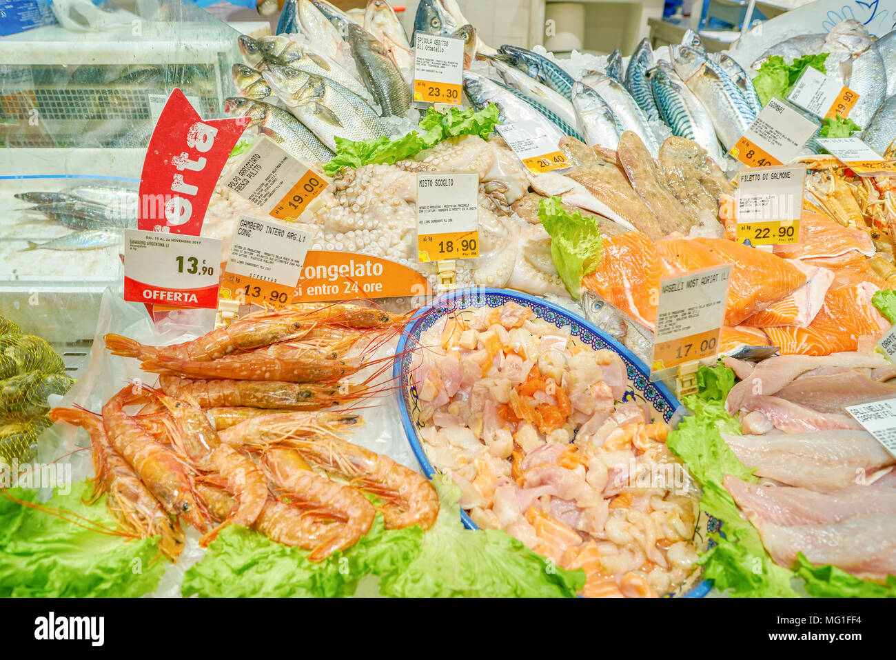 ROME, ITALY - CIRCA NOVEMBER 2017: seafood on display in Conad ...