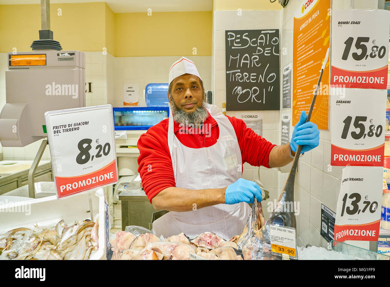 ROME, ITALY - CIRCA NOVEMBER 2017: indoor portrait of staff in Conad ...