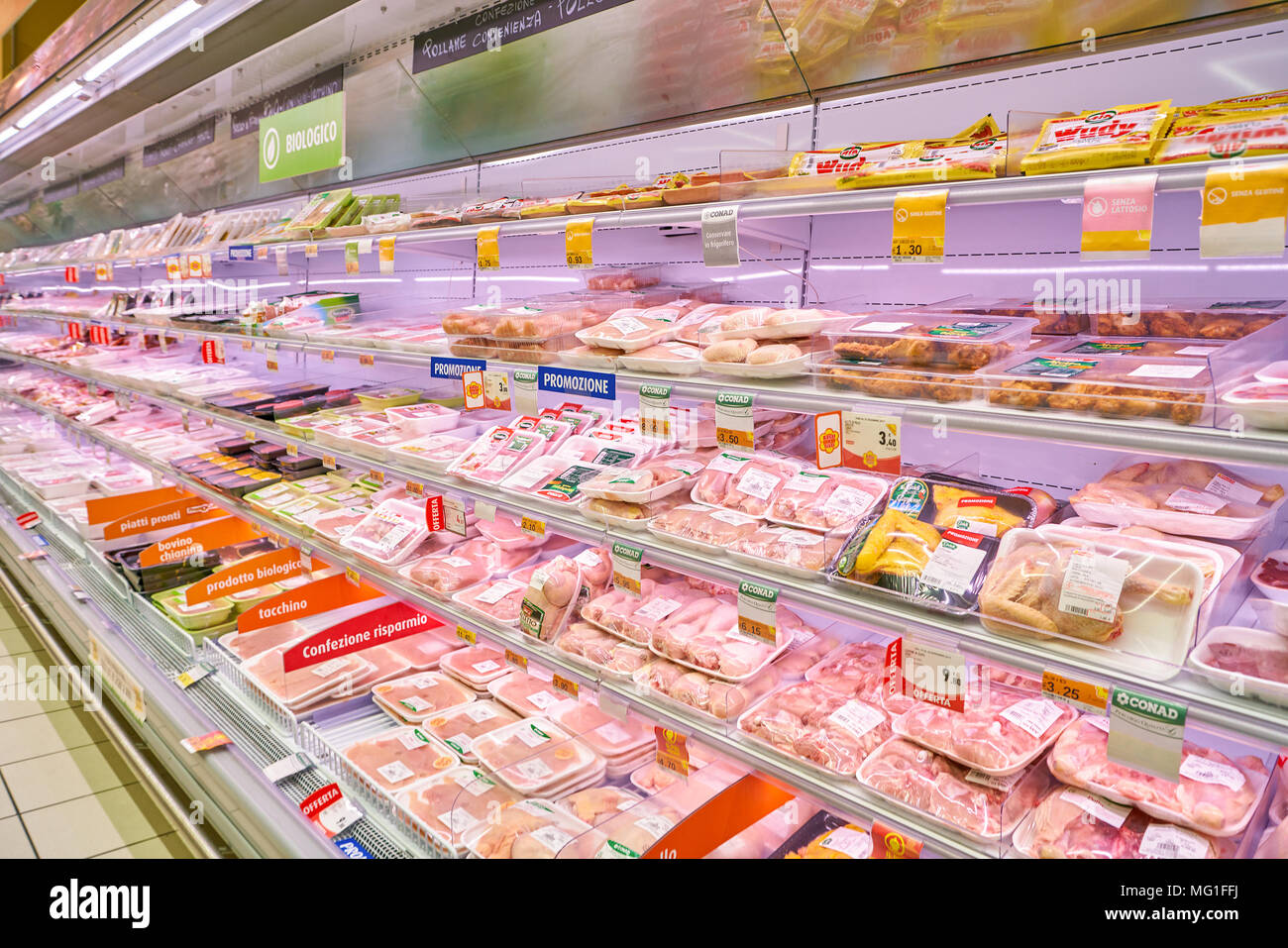 ROME, ITALY - CIRCA NOVEMBER 2017: chicken meat on display in Conad ...