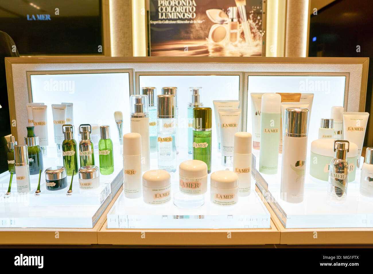 ROME, ITALY - CIRCA NOVEMBER, 2017: La Mer beauty products sit on ...