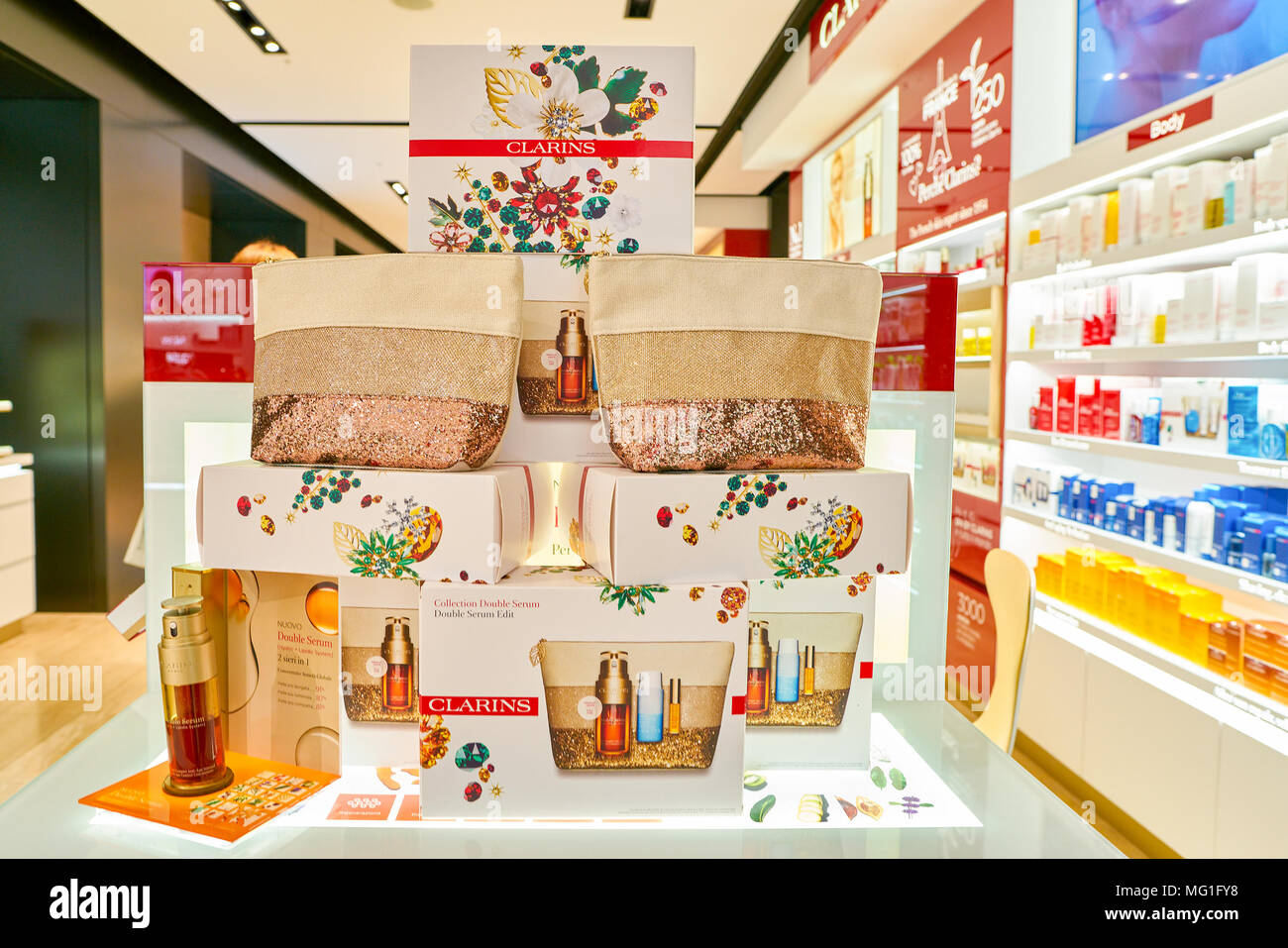 ROME, ITALY - CIRCA NOVEMBER, 2017: Clarins beauty products sit on ...