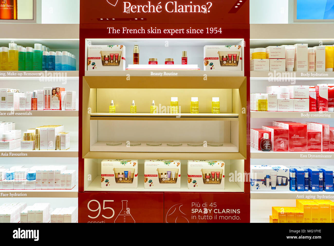 ROME, ITALY - CIRCA NOVEMBER, 2017: Clarins beauty products sit on ...