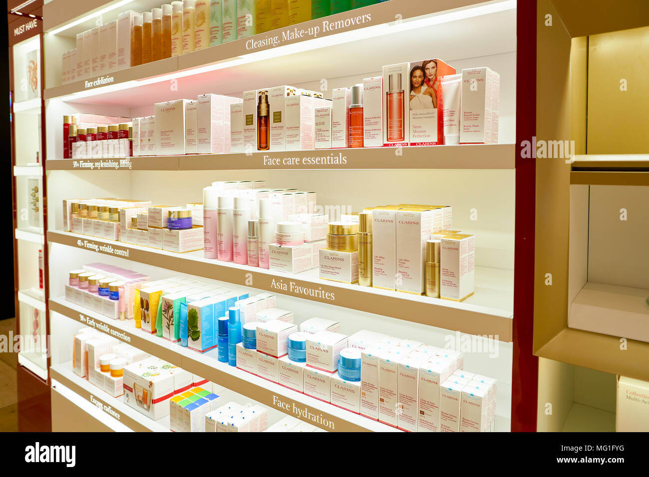 ROME, ITALY - CIRCA NOVEMBER, 2017: Clarins beauty products sit on ...