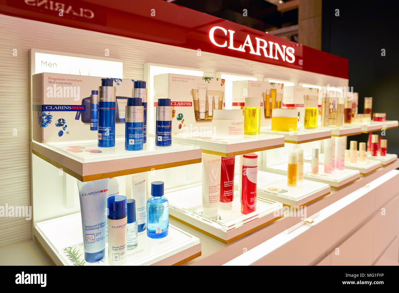 ROME, ITALY - CIRCA NOVEMBER, 2017: Clarins beauty products sit on ...