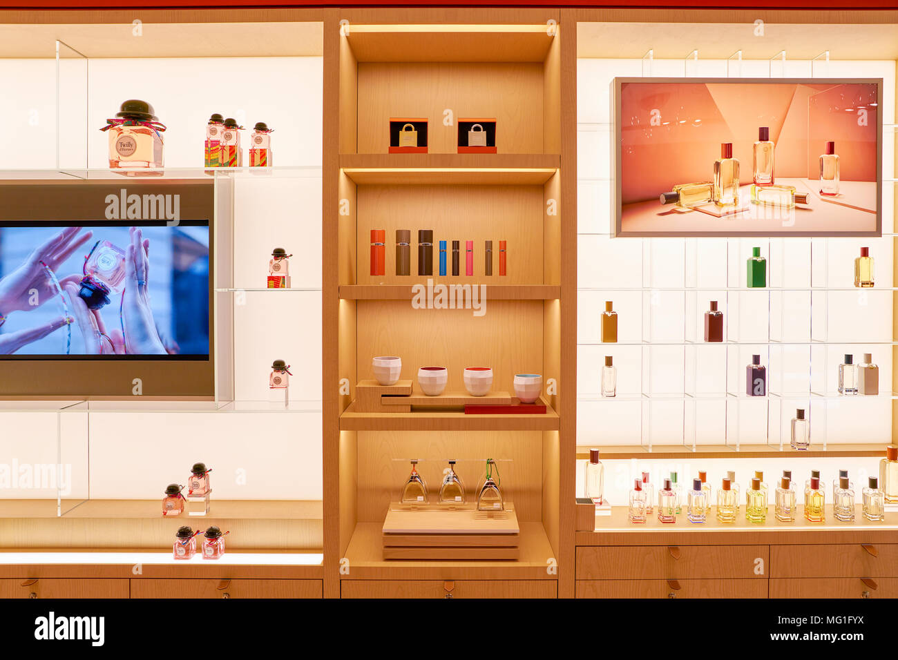 ROME, ITALY - CIRCA NOVEMBER, 2017: bottles of Hermes fragrance sit on ...