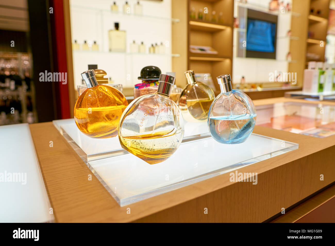 ROME, ITALY - CIRCA NOVEMBER, 2017: bottles of Hermes fragrance sit on ...