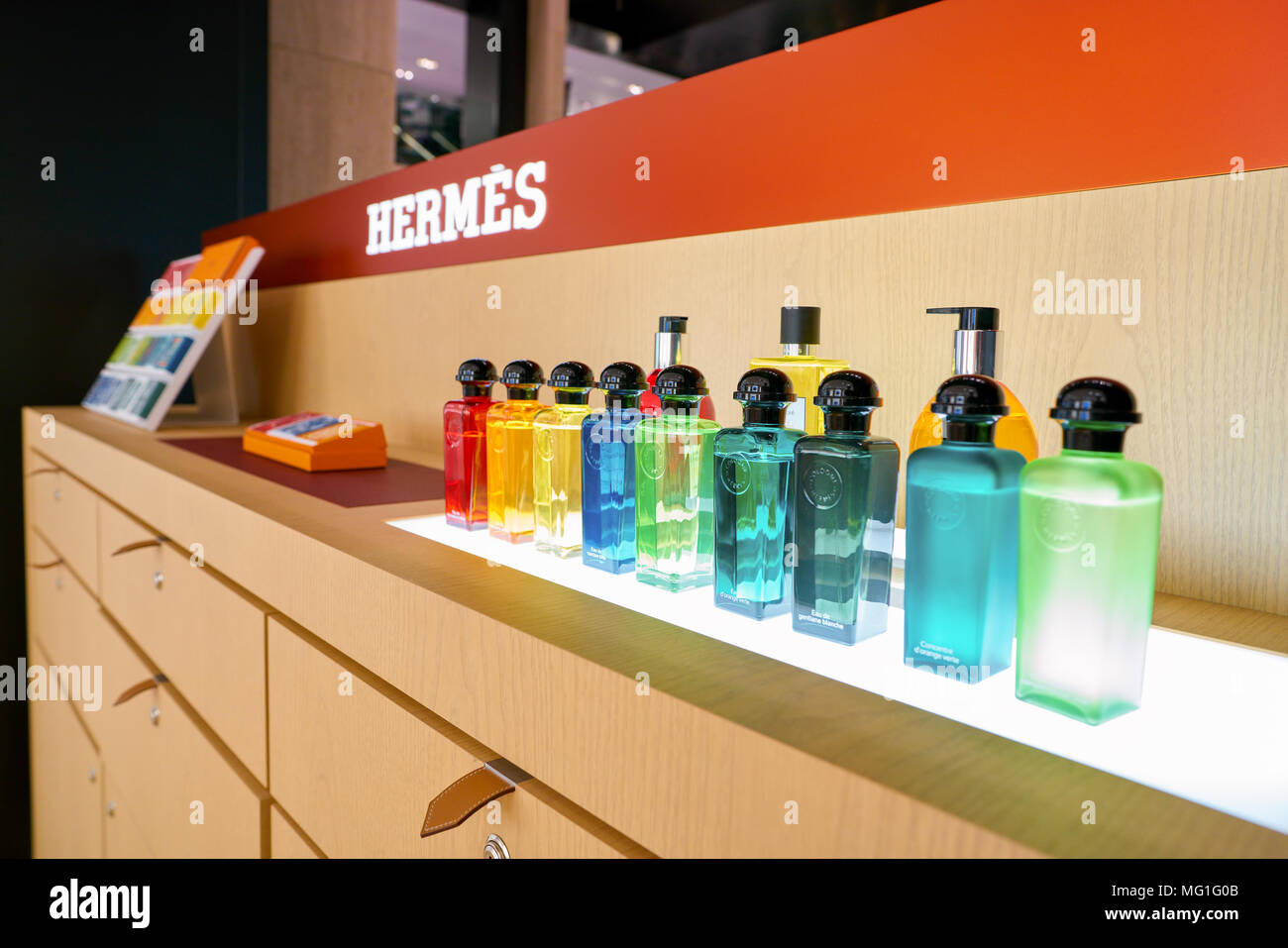 ROME, ITALY - CIRCA NOVEMBER, 2017: bottles of Hermes fragrance sit on ...