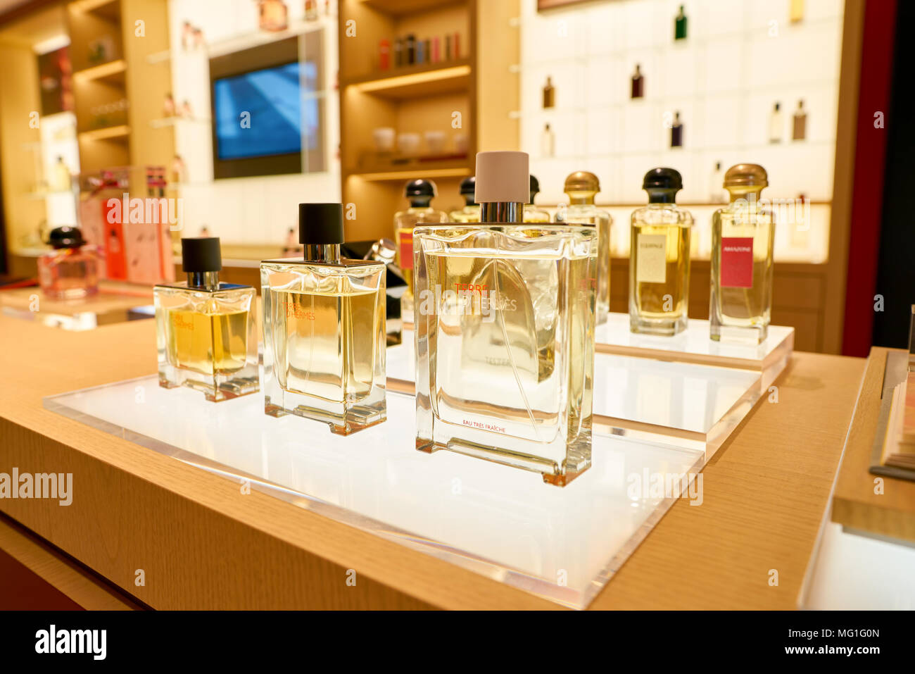 ROME, ITALY - CIRCA NOVEMBER, 2017: bottles of Hermes fragrance sit on ...