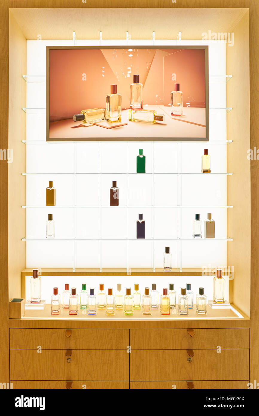 ROME, ITALY - CIRCA NOVEMBER, 2017: bottles of Hermes fragrance sit on ...