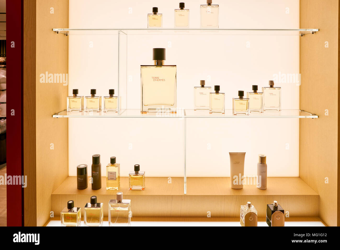 ROME, ITALY - CIRCA NOVEMBER, 2017: bottles of Hermes fragrance sit on ...