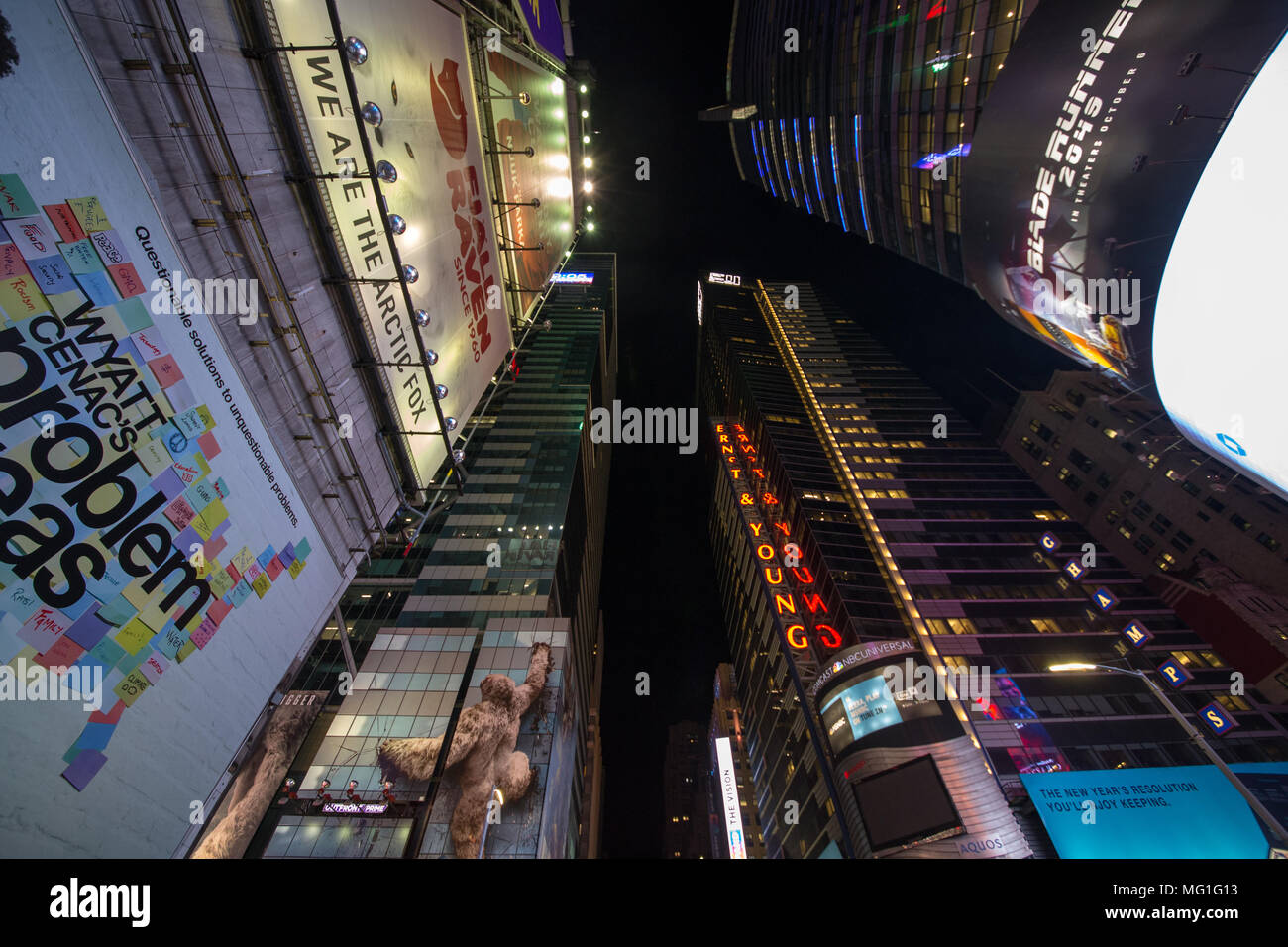 Times Square, NYC, looking up at night Stock Photo - Alamy
