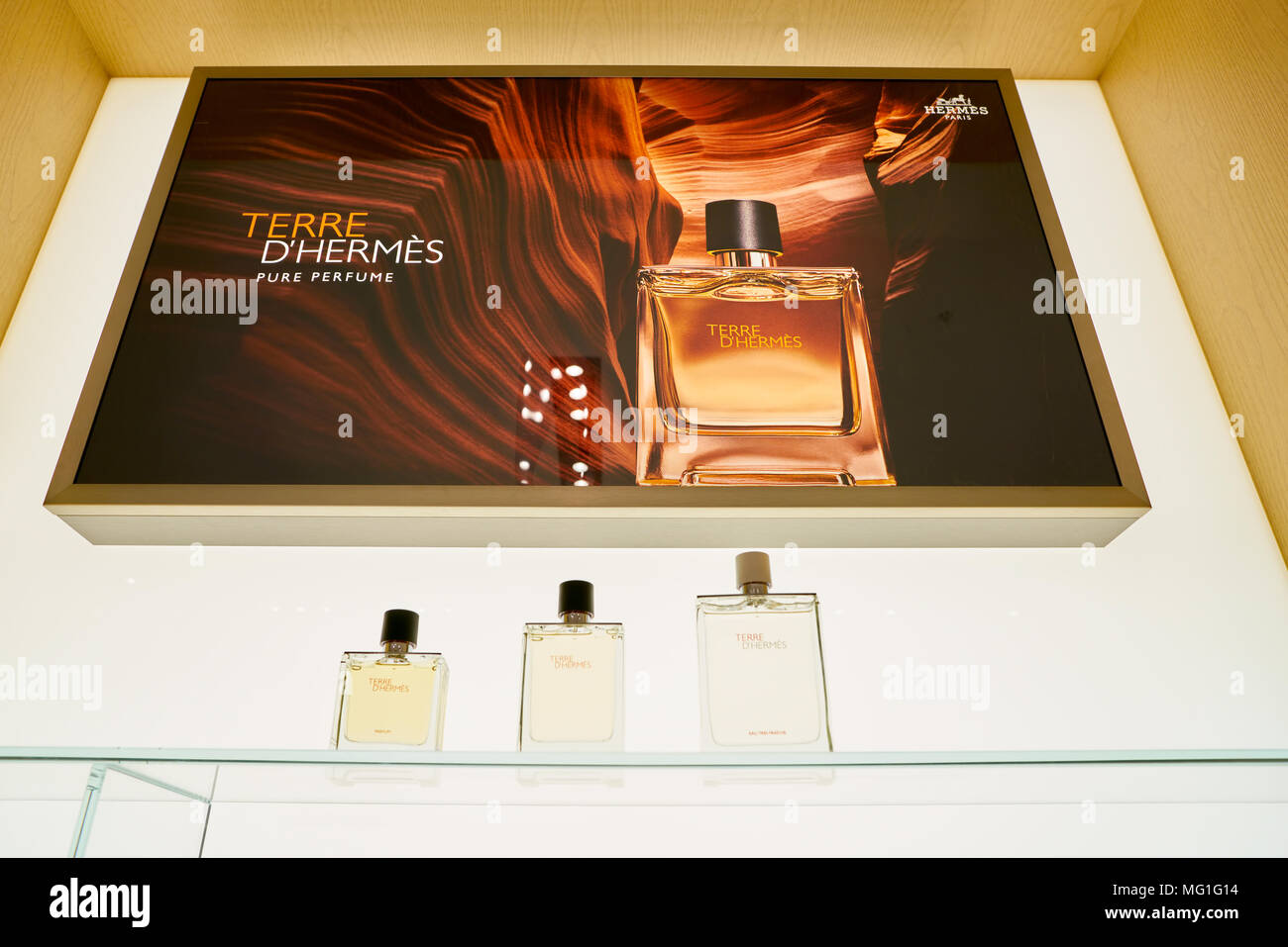 ROME, ITALY - CIRCA NOVEMBER, 2017: bottles of Hermes fragrance sit on ...