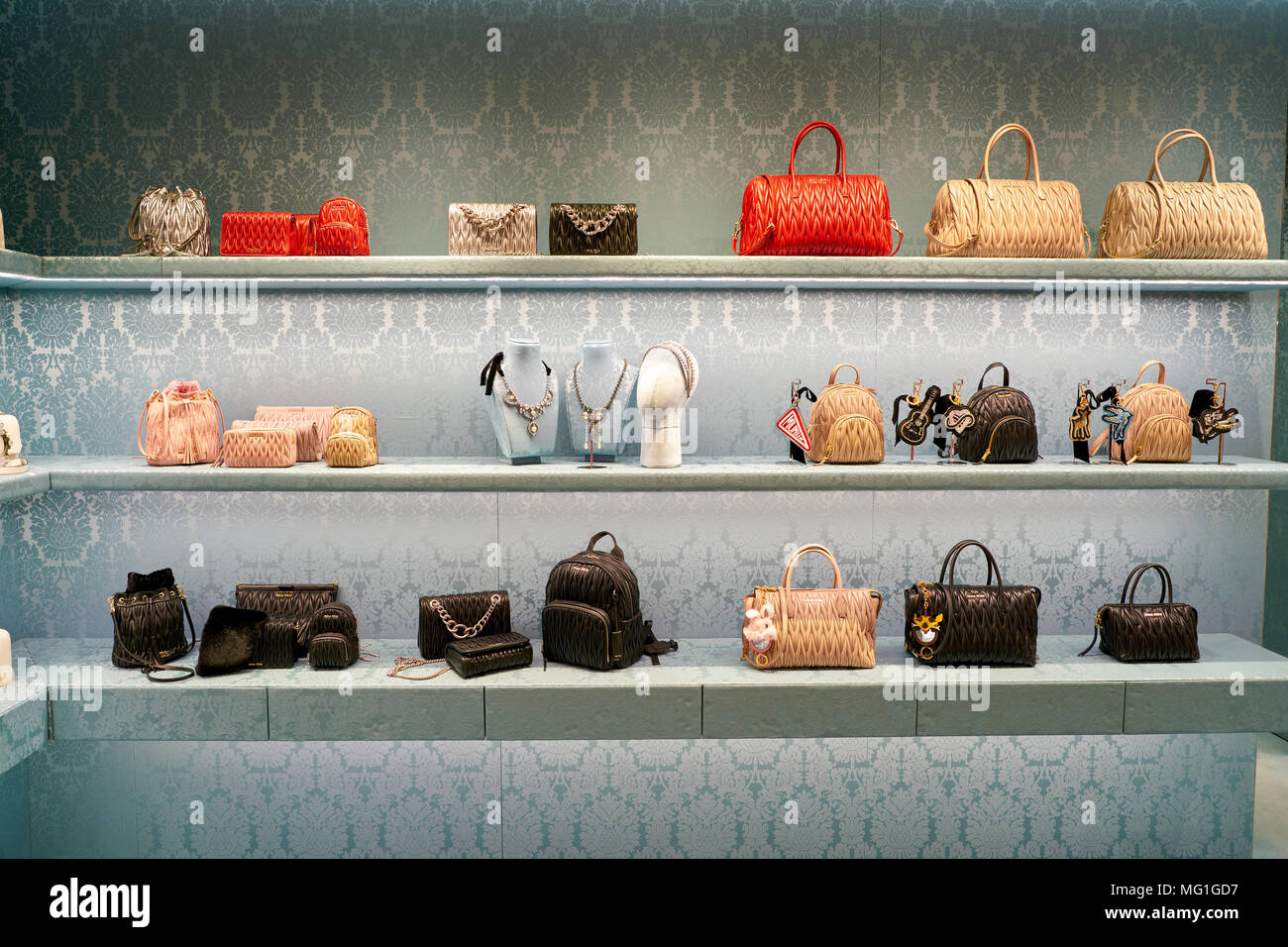 ROME, ITALY - CIRCA NOVEMBER, 2017: Miu Miu bags sit on display at a ...