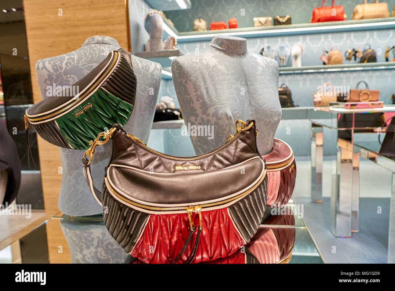 ROME, ITALY - CIRCA NOVEMBER, 2017: Miu Miu bags sit on display at a ...
