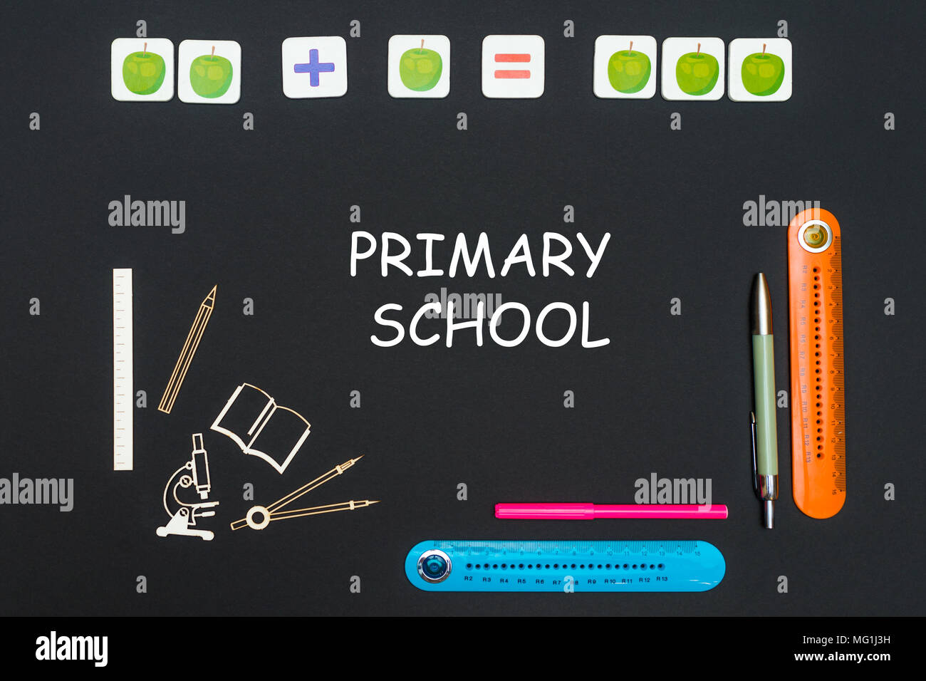 concept back to school, above stationery supplies and text primary ...