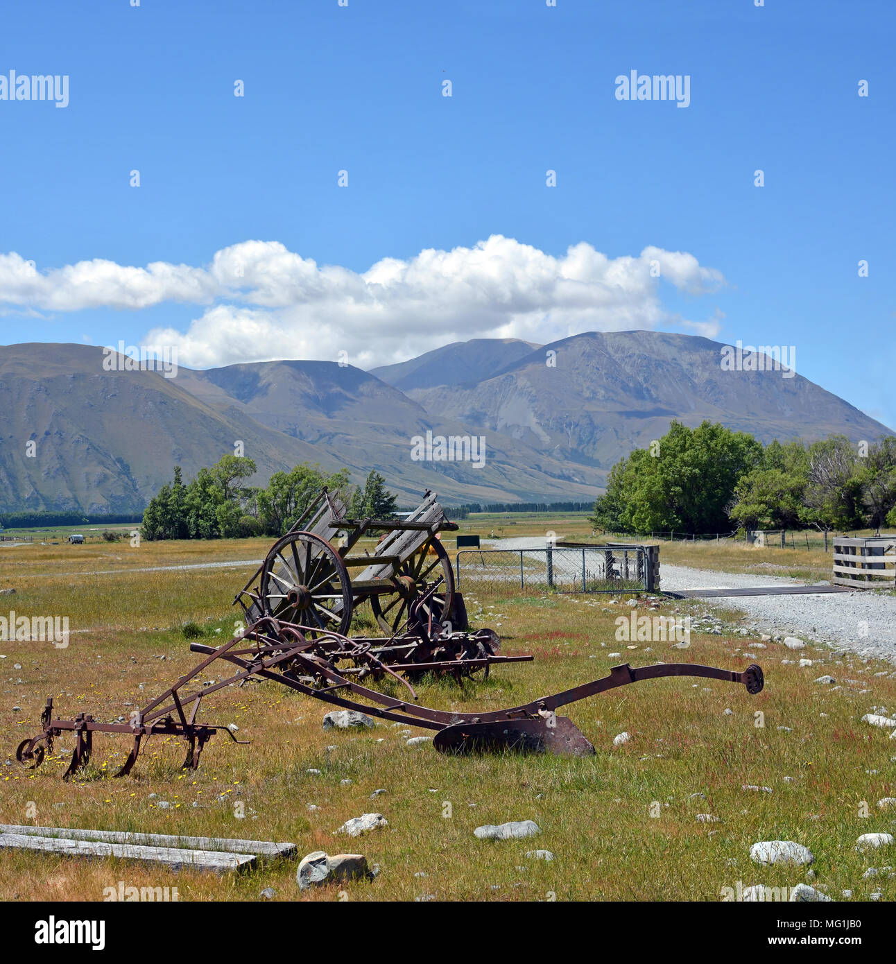 Historic farm equipment at Mesopotamia Station in the Southern Alps of ...