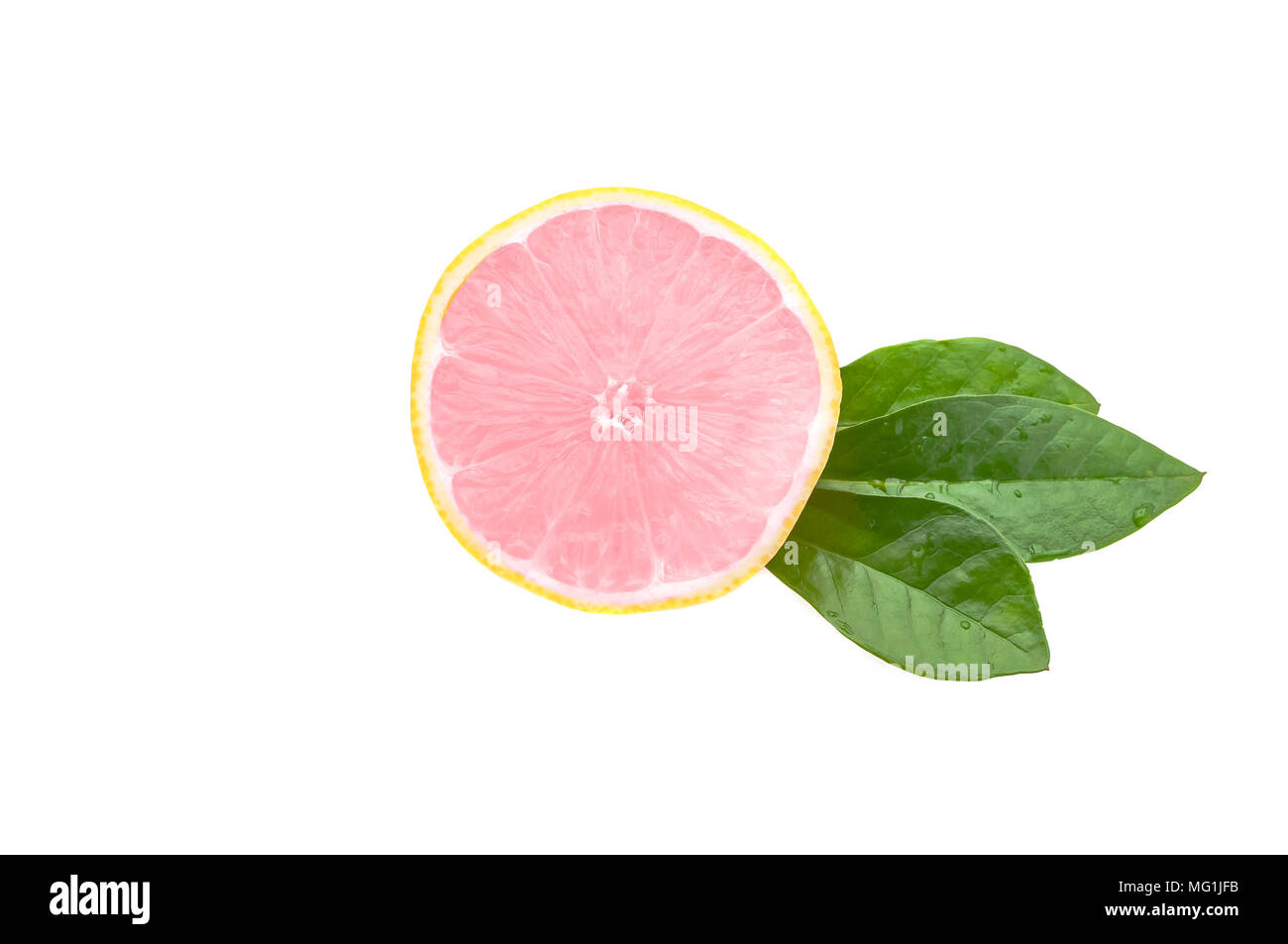 Half of a fresh, clean, glowing pink lemon with green leaves on a white ...
