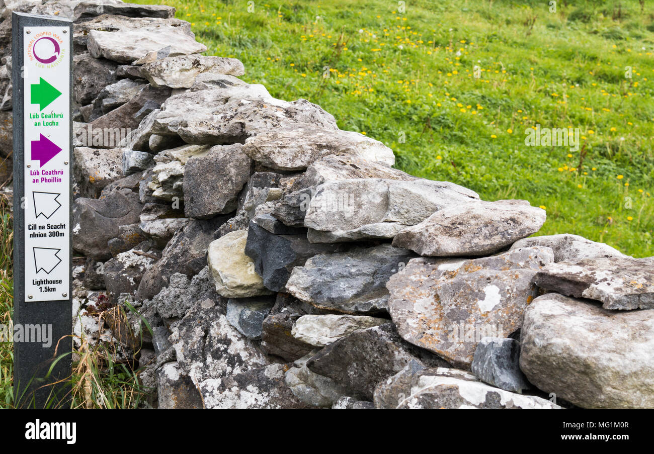 Tourist attractions waymarker near stone wall on Inisheer, Ireland ...