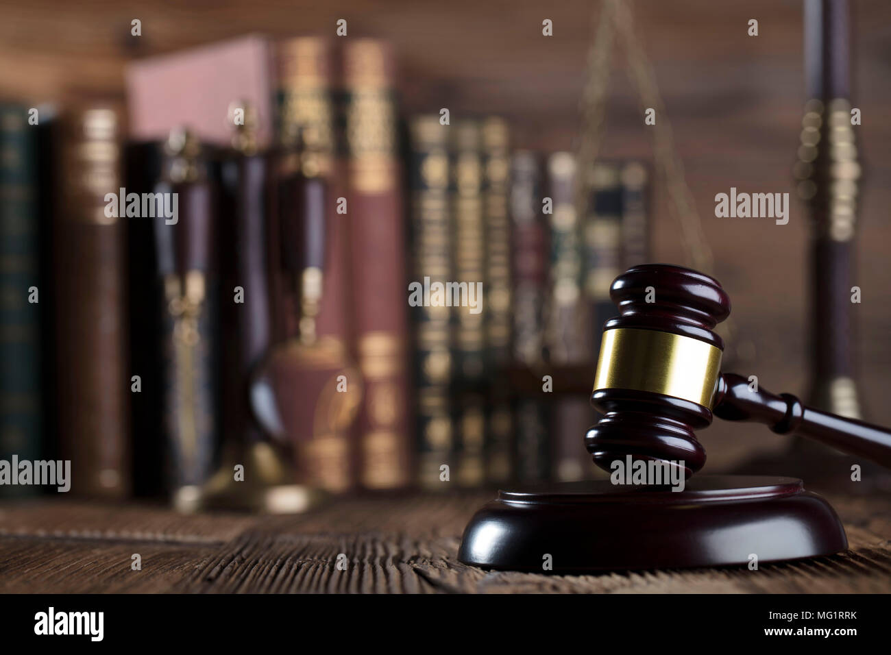 Courtroom library. Mallet of the judge. Place for typography Stock ...