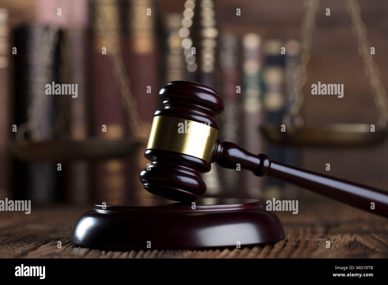 Courtroom library. Mallet of the judge. Place for typography Stock ...