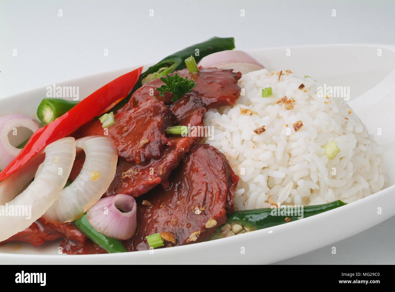 beef stir-fry with vegetable and rice asia food Stock Photo - Alamy