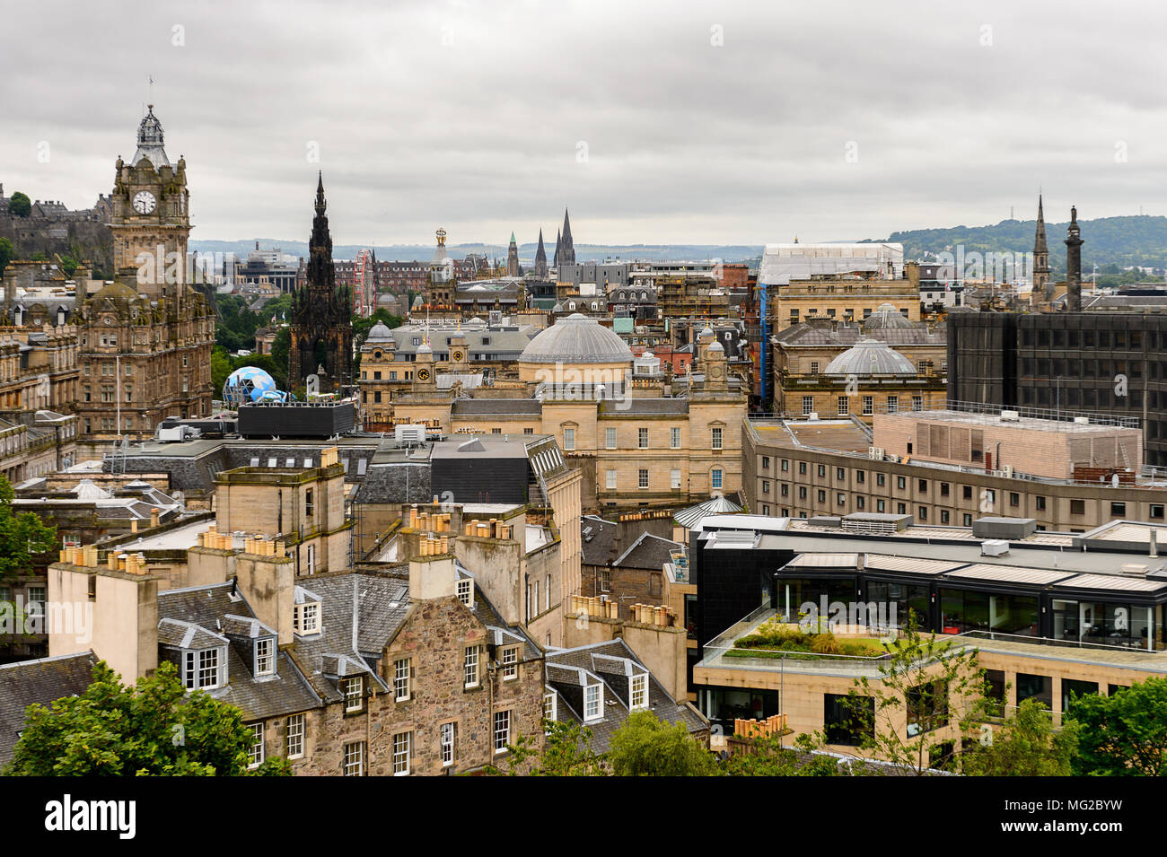 Aerial view of the Edinburgh, Scotland. Old Town and New Town are a ...