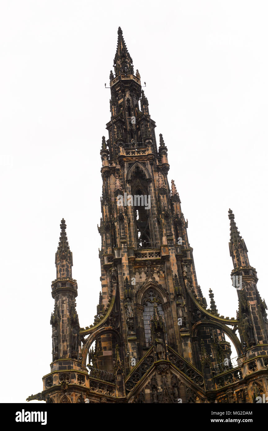 Scott monument tower of Edinburgh, Scotland. Old Town and New Town are ...