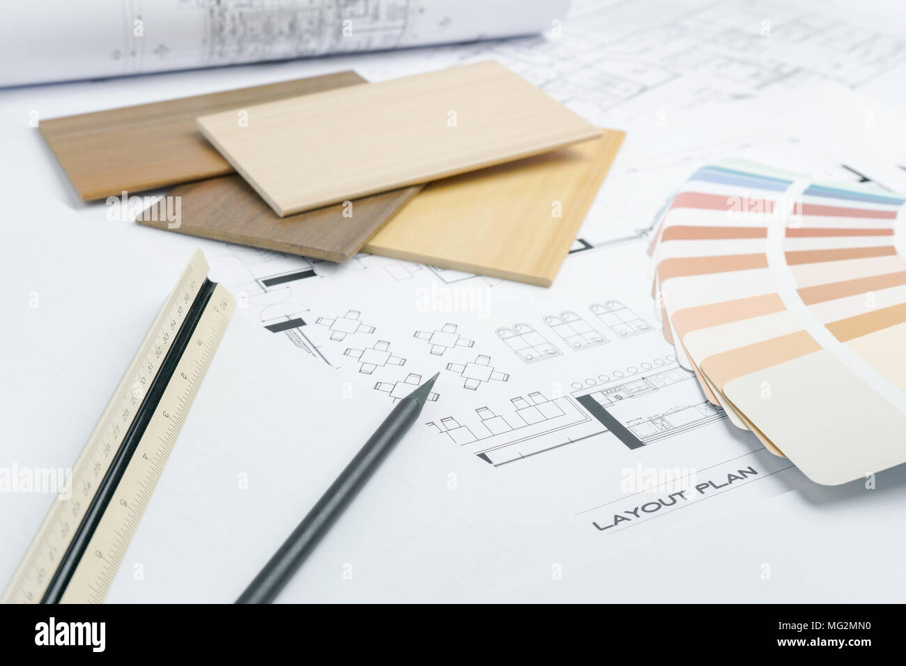color and material samples on architectural drawings of the modern ...