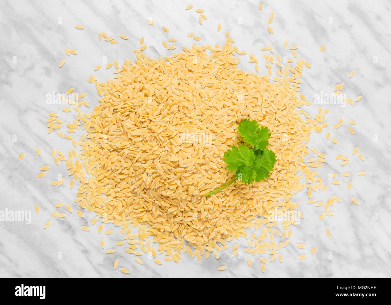 Orzo pasta with green coriander leaves, on marble background. Rice ...