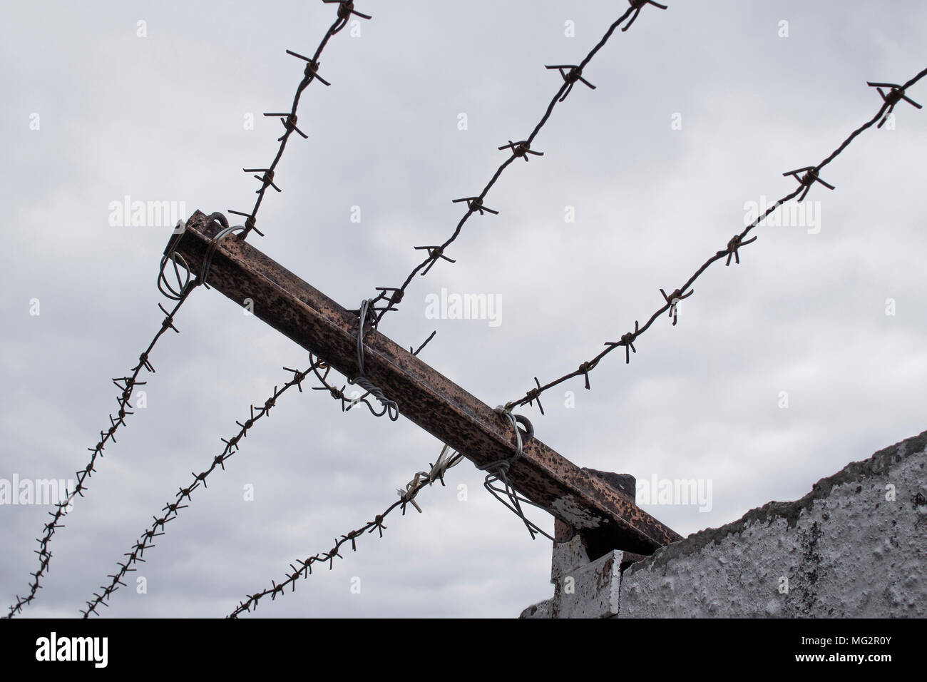 Concrete fence with barbed wire. Freedom, jail, prison, human rights ...