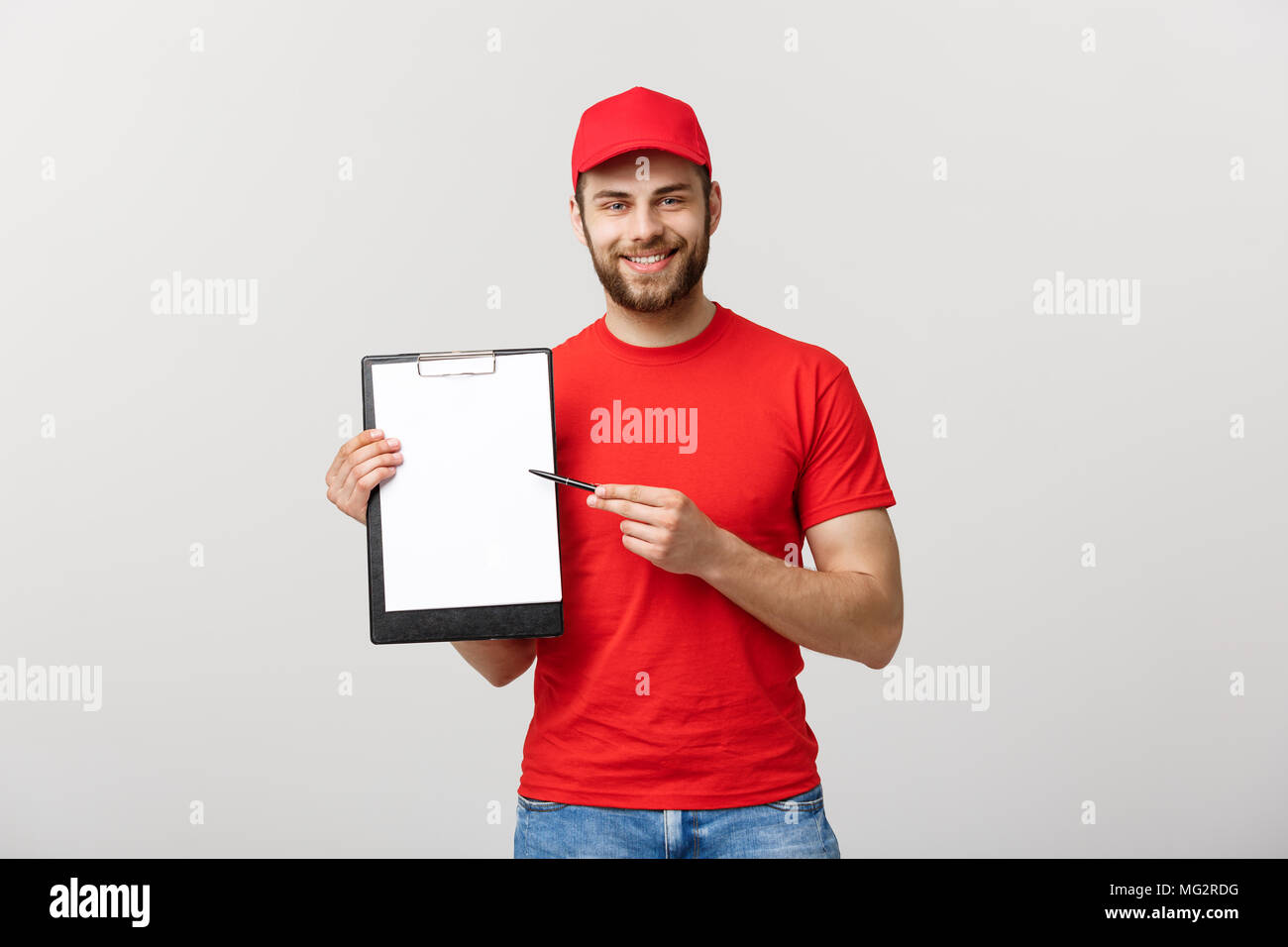 Delivery Concept: Portrait Young caucasian Handsome delivery man or ...
