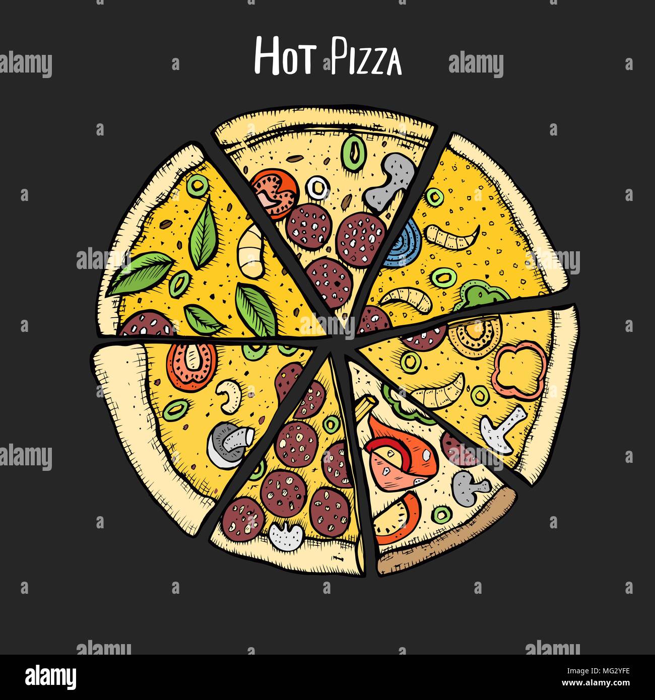 Colored Italian Pizza hand drawn vector illustration. Pizza slices in a ...