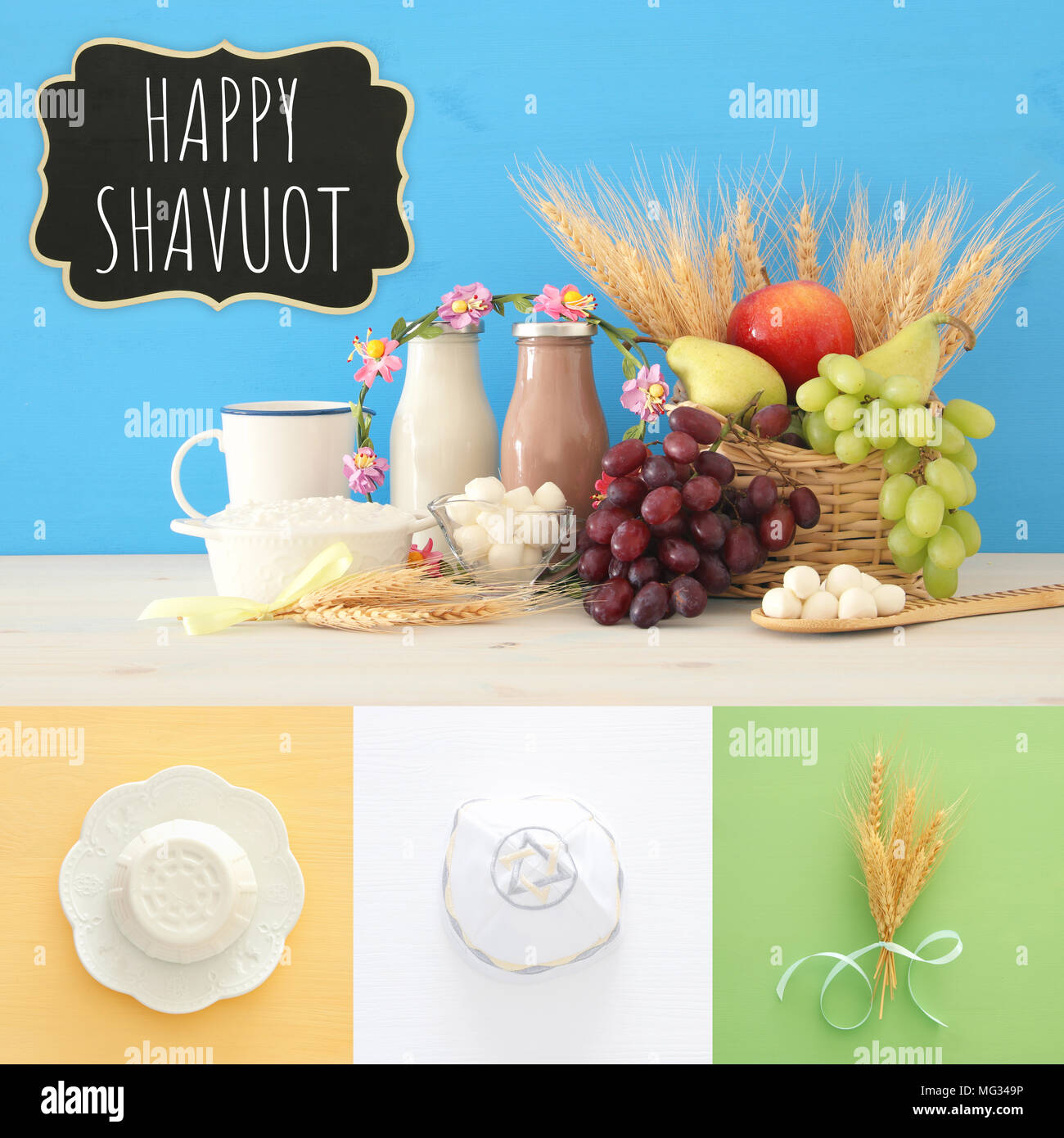 collage of dairy products and fruits. Symbols of jewish holiday ...