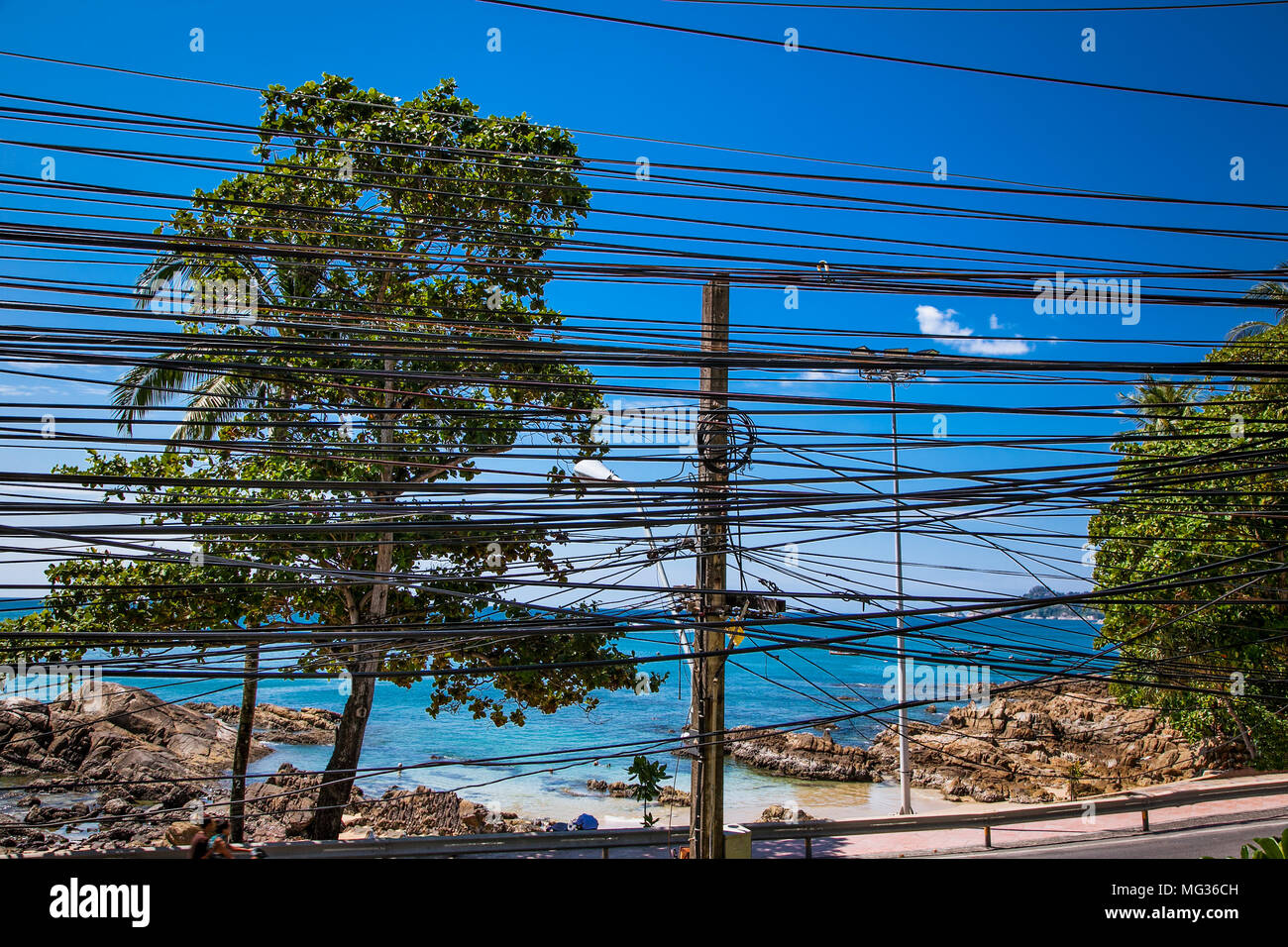 Electricity cables in Phuket , Thailand. Close up on the electricity ...