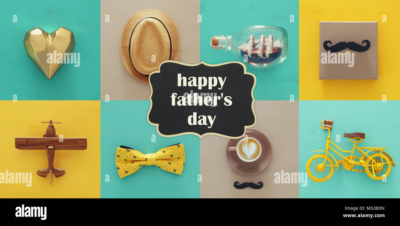 top view collage with man life style objects. Father's day concept ...