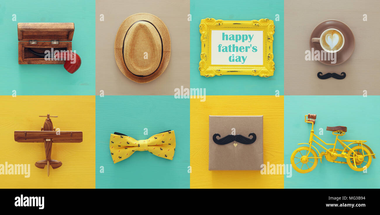 top view collage with man life style objects. Father's day concept ...