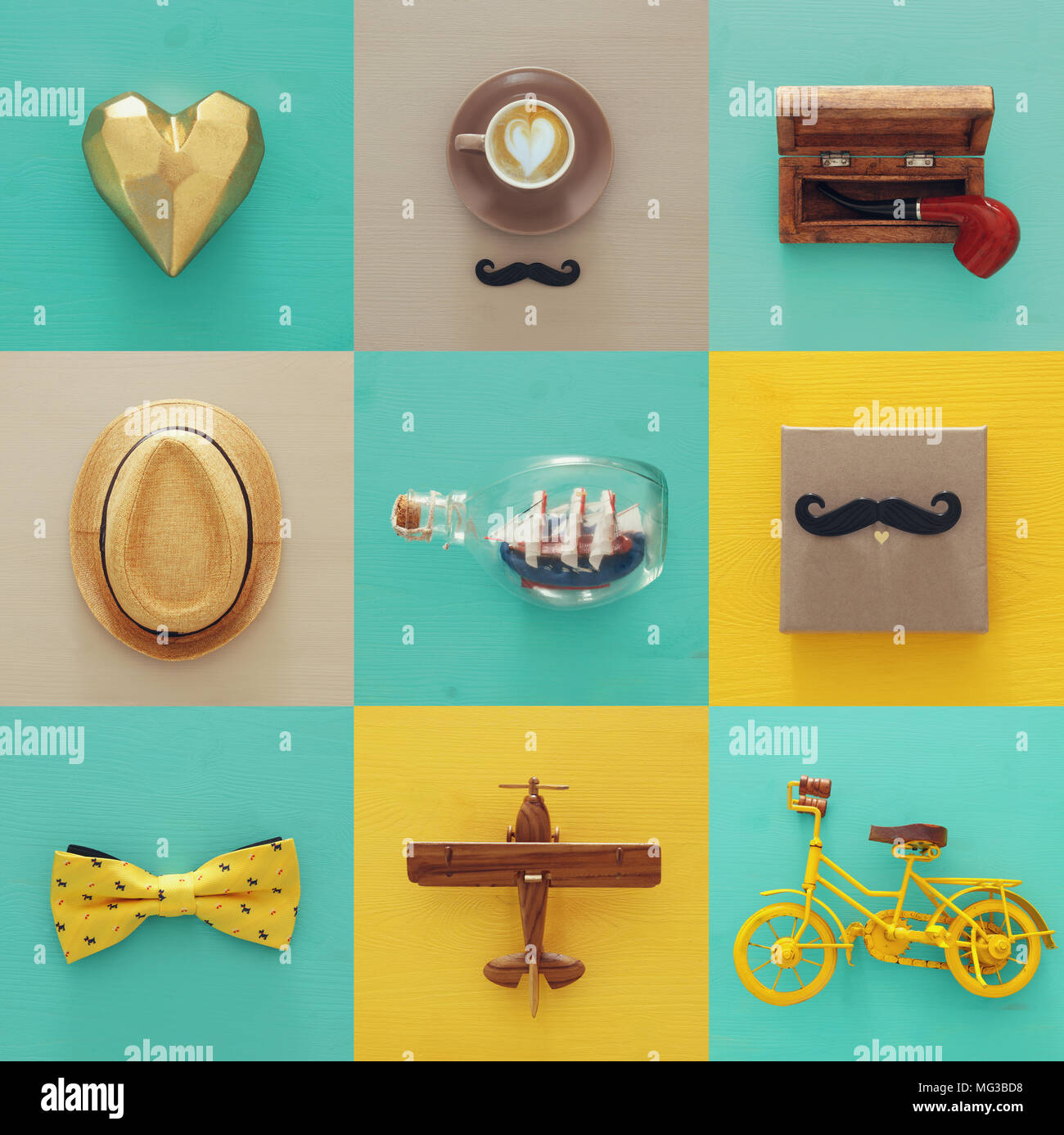 top view collage with man life style objects. Father's day concept ...